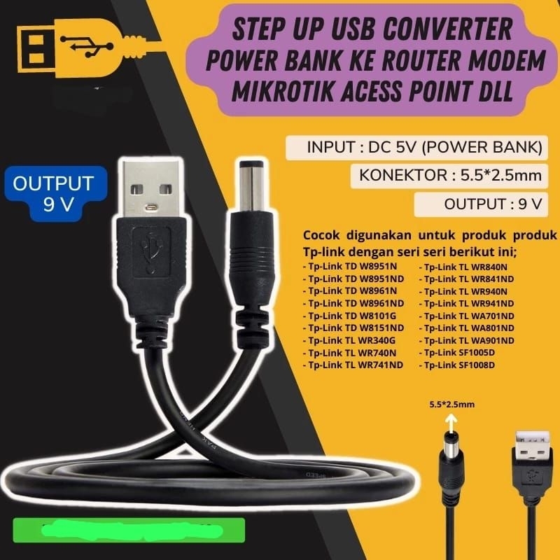 Jual Kabel Step Up USB 5V to 9V Power Jack DC Charger Tp-link Router ...
