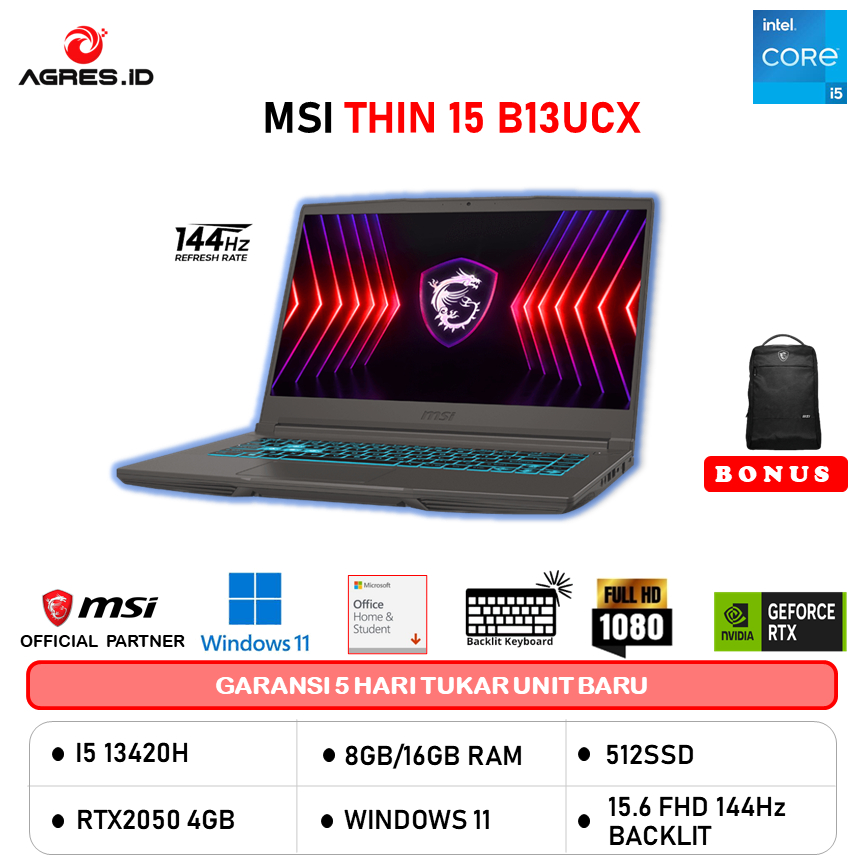 Jual MSI THIN 15 I5 13420H RTX2050 4GB/ 32GB 512GB W11+OFFICE 15.6FHD 144HZ BLIT 2Y GRY -B13UCX ...