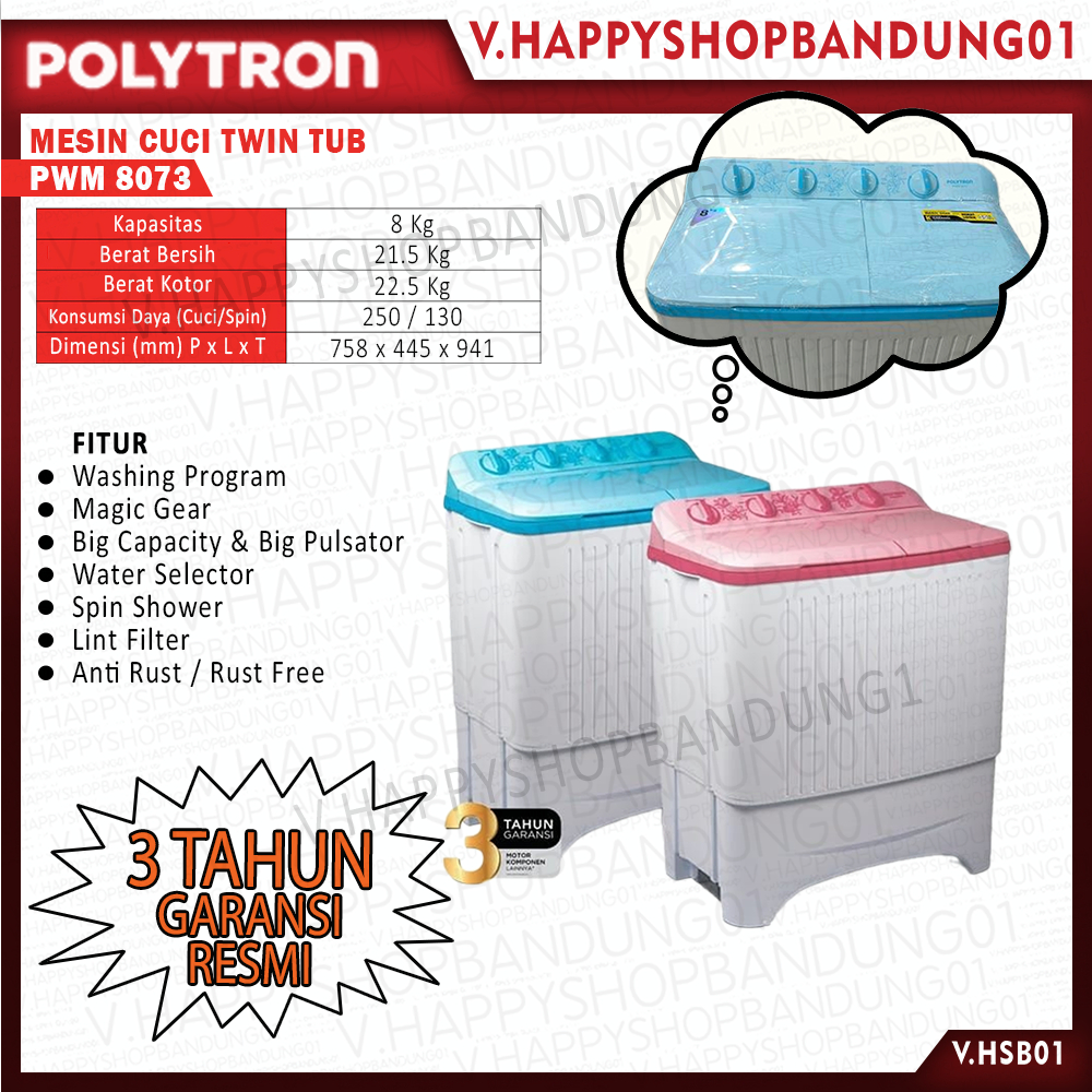 Jual Mesin cuci 2 tabung Polytron 8 kg PWM 8366 / 8073 Garansi Resmi ...