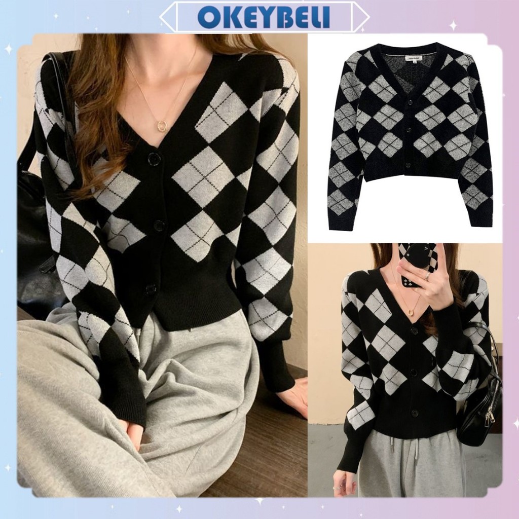 Jual •OKEY BELI•BJ1514 Kardigan Crop Vintage Baju Atasan Wanita Cardigan Outer Lengan Panjang ...