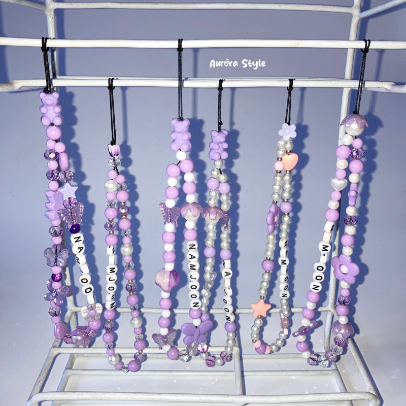 Jual Phone strap tema ungu / bisa custom nama atau angka /gantungan hp ...