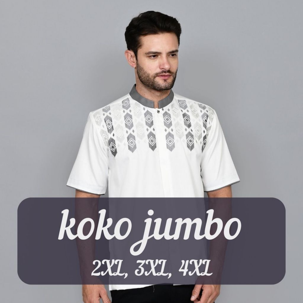 Jual baju koko pria muslim big size jumbo katun lengan pendek putih ...