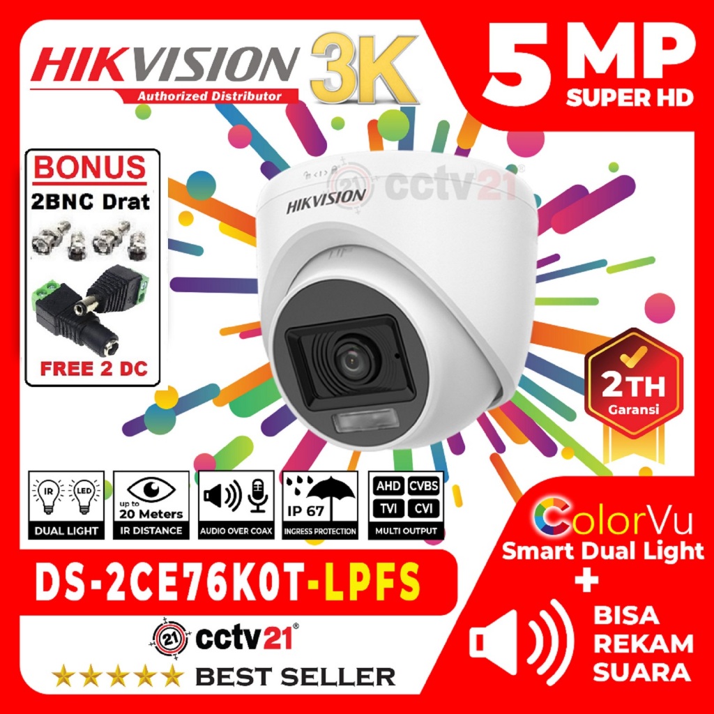 Jual CCTV HIKVISION DS-2CE76K0T-LPFS COLORVU AUDIO 5MP 3K Dual Light Indoor Bonus 2BNC+2DC Promo ...