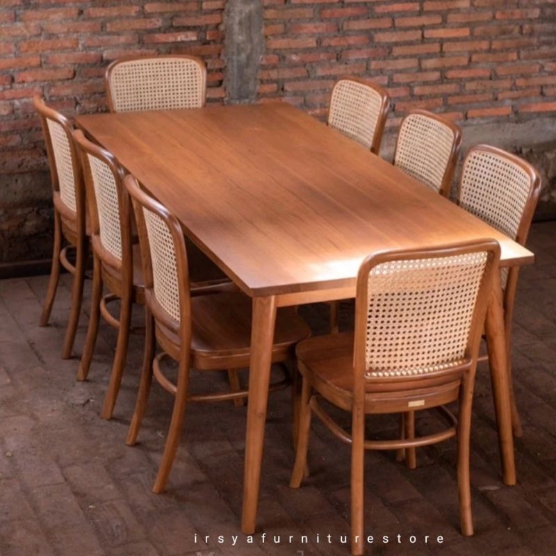 Jual Meja Makan Minimalis Retro 8 Kursi Kayu Jati Perhutani Mix Rotan Alami | Shopee Indonesia