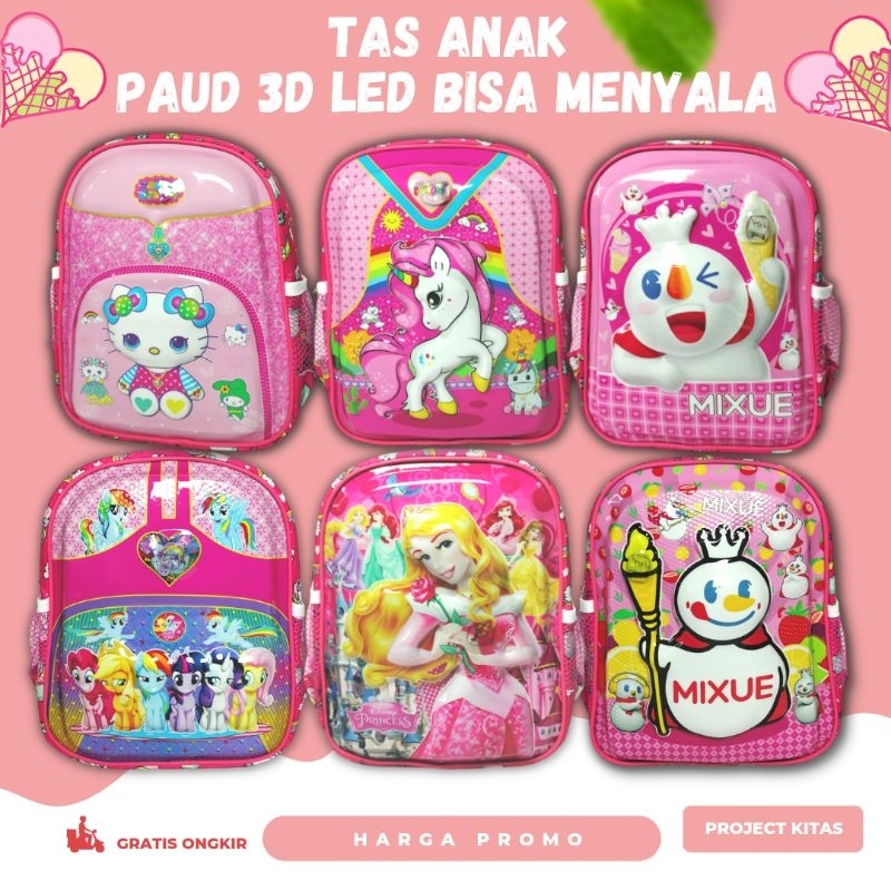 Jual Tas Anak Paud 3D Timbul Ada Lampunya/ Mixue Unicorn Princes barbie ...