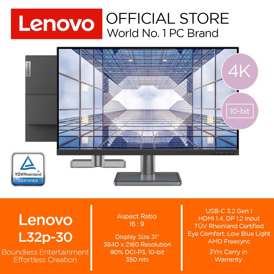Jual Lenovo L32p-30 | 31.5" IPS 4K 3840x2160 90% DCI-P3 10-bit Monitor ...
