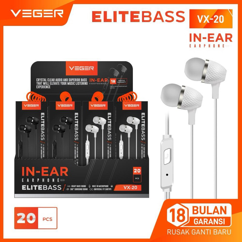 Jual Headset VEGER VX-20 / headset handsfree earphone VEGER VX-20 extra ...