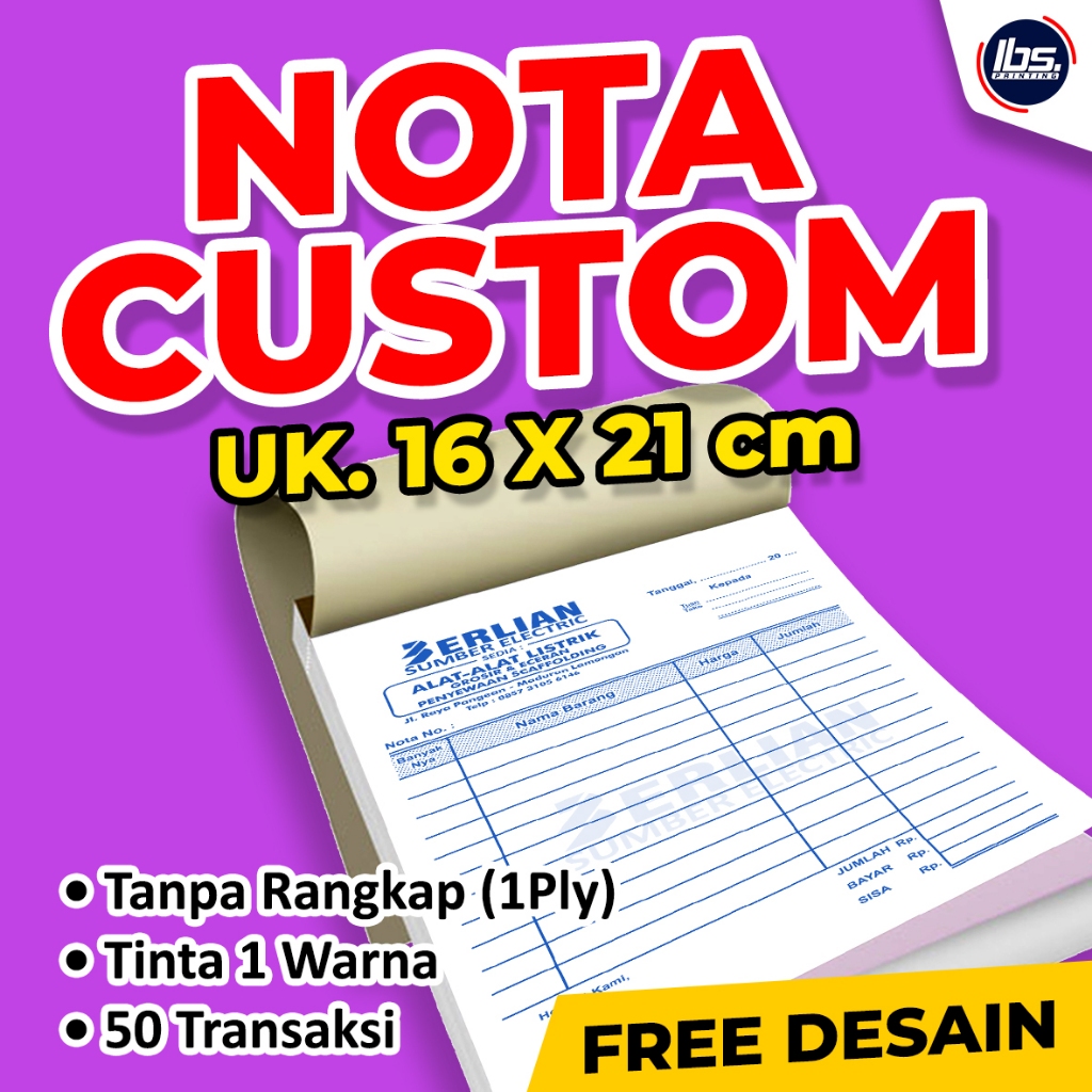 Jual CETAK NOTA CUSTOM 1/2 MIN 2 BUKU - 1 WARNA 2 BUKU | (16 X 21cm ...