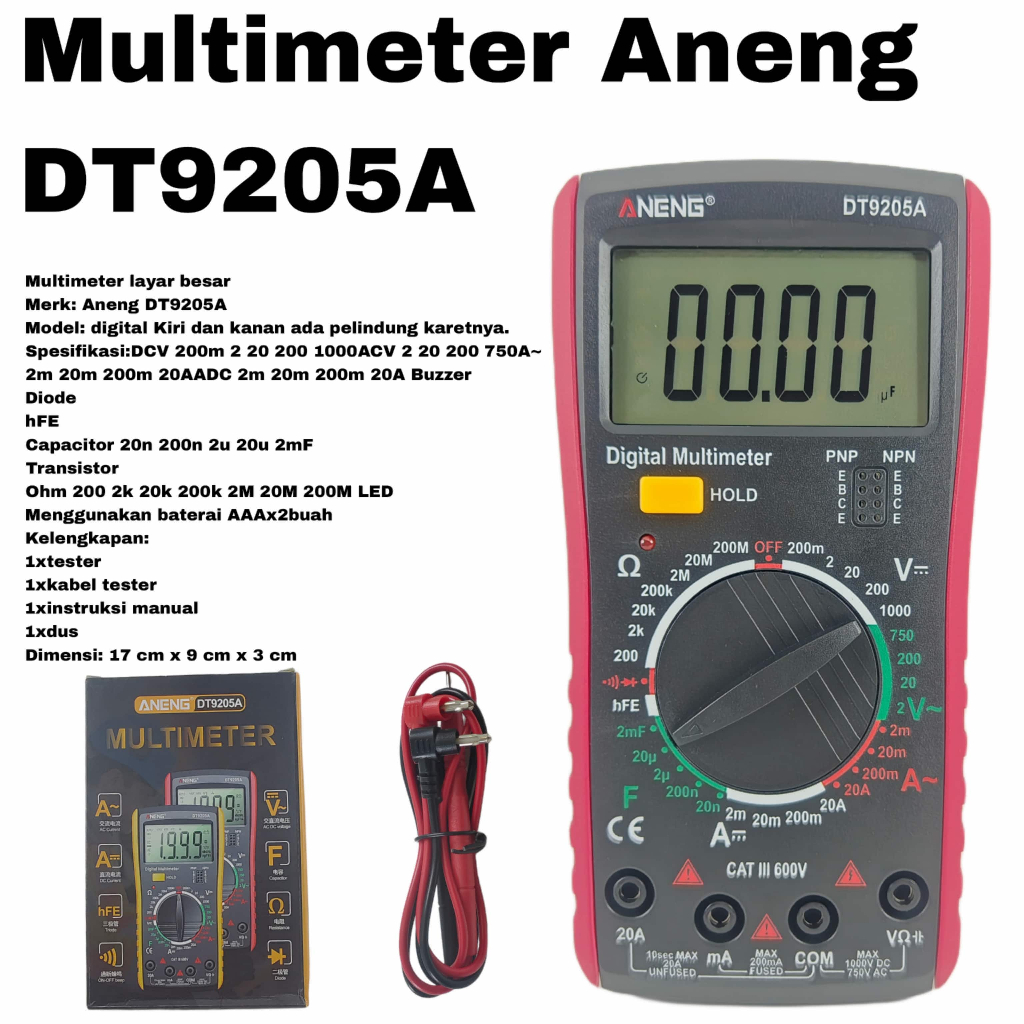 Jual Multimeter Aneng DT9205A Multitester Digital DT 9205A Tester Besar ...