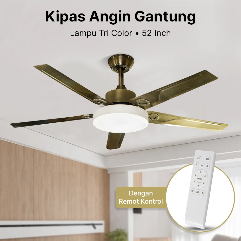 Jual Kipas Angin Gantung Lampu Tri Color 52 Inch Remote Control Copper ...