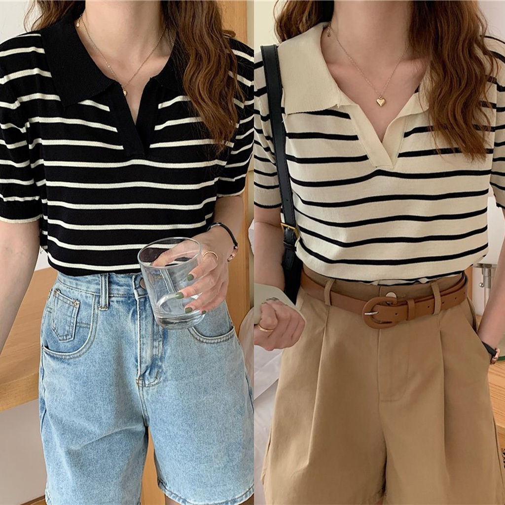 Jual Atasan Rajut Lengan Pendek Korean Style Kaos BerKerah Polo Salur Rajut Knit Stripe T-shirt ...