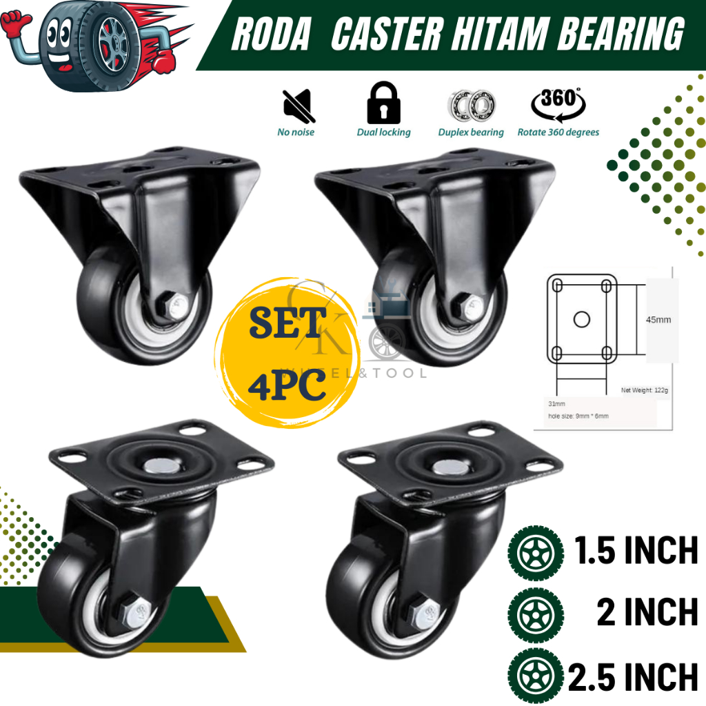 Jual RODA CASTER BEARING HITAM UNTUK TROLY SET 4 PC HIDUP MATI 1.5 - 2 ...