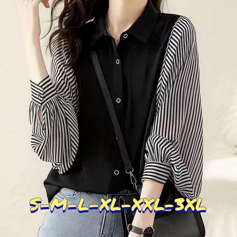 Jual Laila hand stripe kemeja wanita ukuran S-M-L-XL-XL-XXL-XXL | Shopee Indonesia