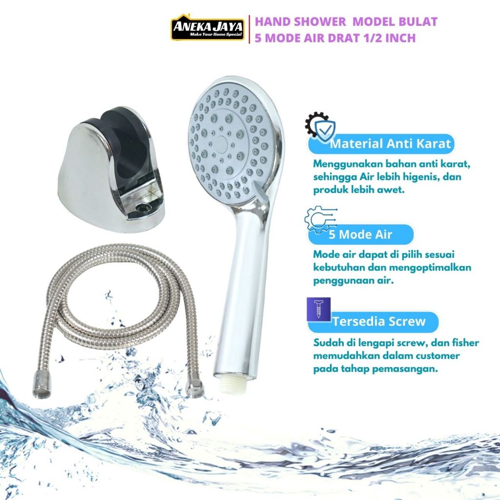 Jual Hand shower Kamar Mandi 5 Mode Air - Kepala Bulat Besar Drat 1/2 ...