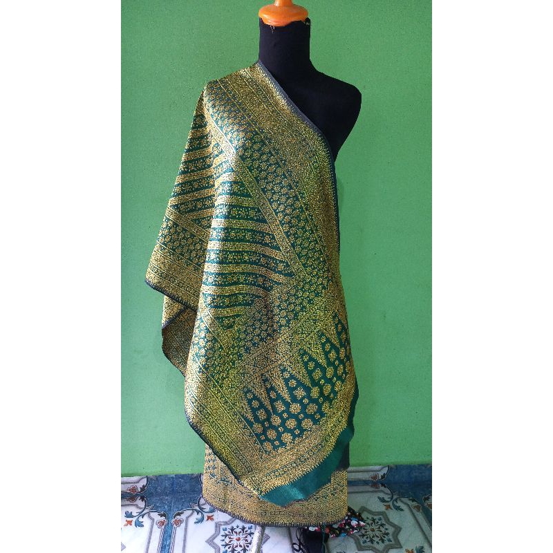 Jual SALEE 4 4 songket lepus pulir hijau botol gold / songket palembang asli tenun tangan ...