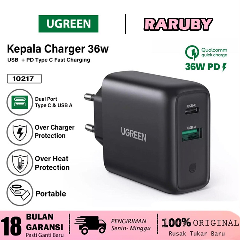 Jual UGREEN Adapter Kepala Wall Charger Dual Port Output USB + Type-C PD QC 3.0 Fast Charging ...