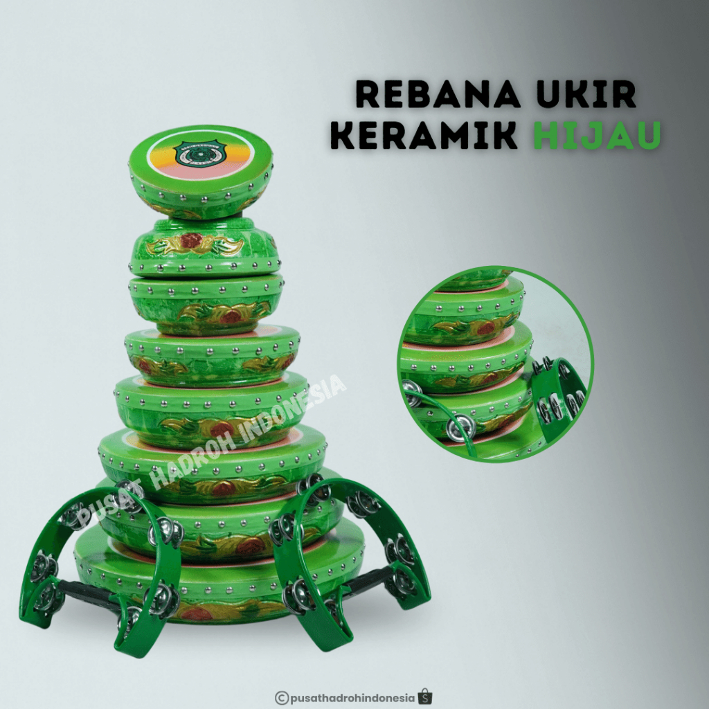 Jual Rebana Qasidah Ukir Motif Keramik Hijau 1 Set Isi 10 Rebana Hadroh ...