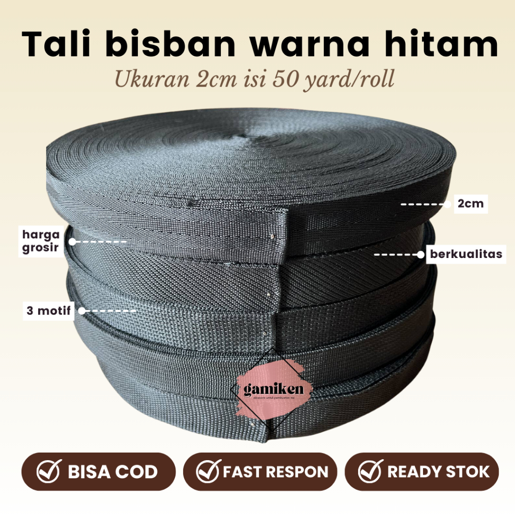 Jual Tali bisban/Webbing warna hitam 3 motif ukuran 2cm isi 50yard ...