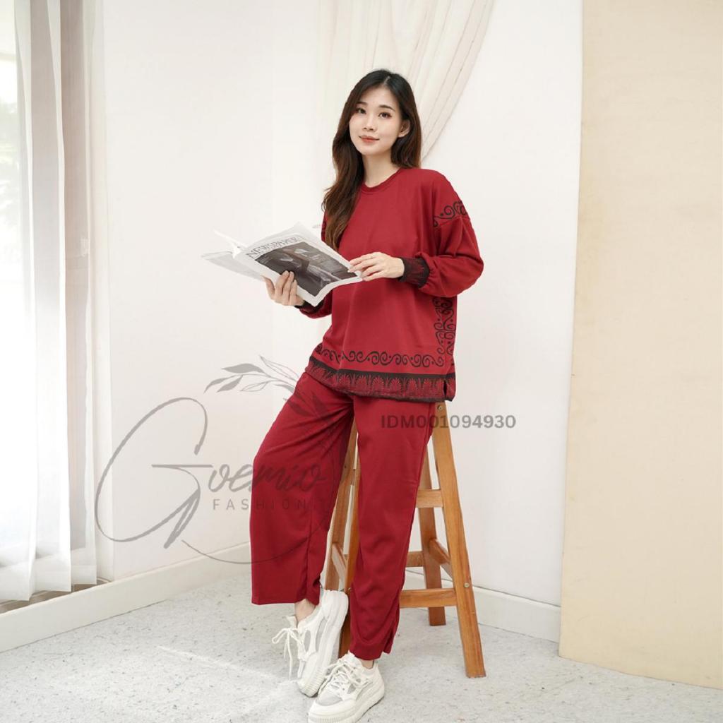 Jual Ilook LD 120 One Set Mural Setelan Katun Knit Combi Atasan Garis Dan Celana Panjang Wanita ...