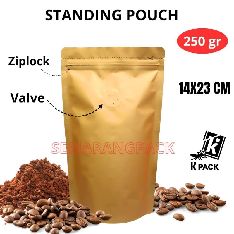 Jual KEMASAN KOPI 250 GRAM STANDING POUCH KPACK + VALVE WARNA EMAS (50) | Shopee Indonesia