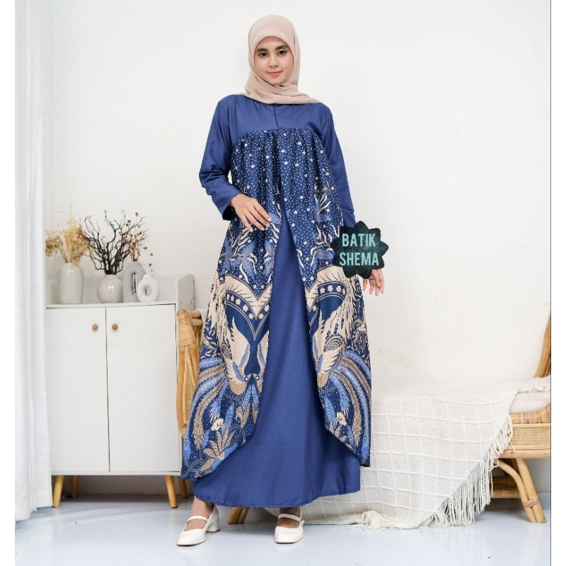 Jual GAMIS BATIK SABRINA KOMBINASI BIRU NAVY GAMIS BATIK KEKINIAN ...