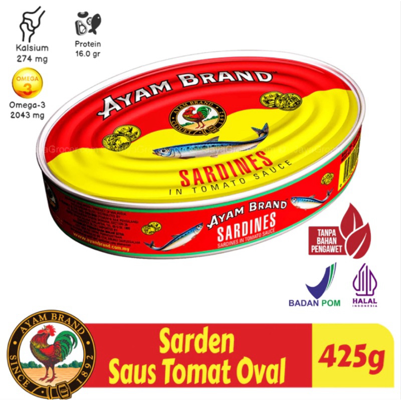 Jual Ayam Brand - Ikan Sarden Kaleng Oval Saus Tomat 425gr | Shopee ...