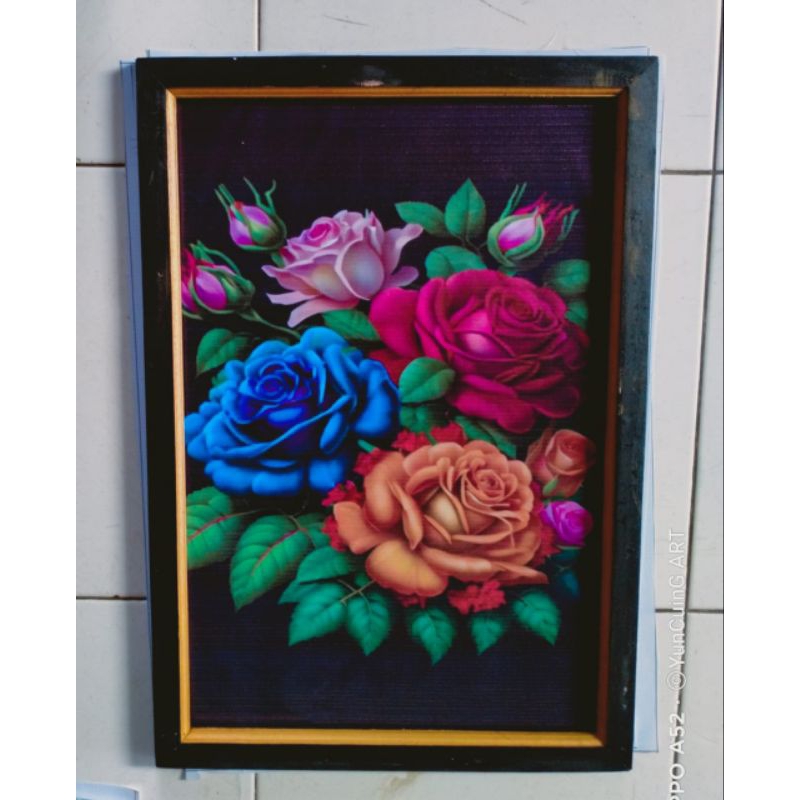 Jual Hiasan dinding cetak gambar bunga mawar warna warni plus bingkai ...
