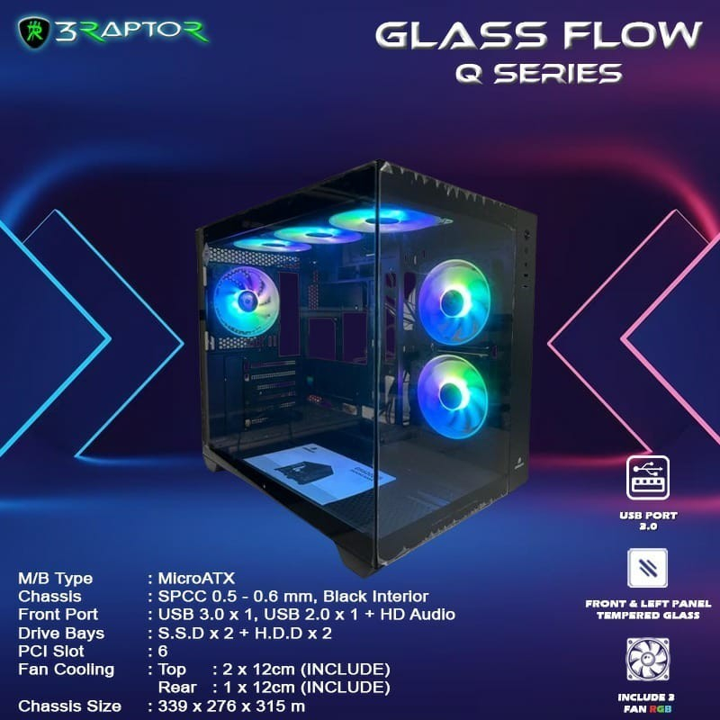 Jual Casing PC Raptor Glass Flow Q Series Black 3 Fan RGB | Shopee ...