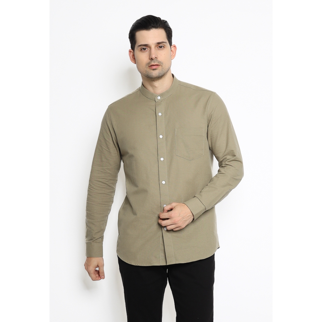 Jual MAGINOT Kemeja Pria KOKO Basic Polos Lengan Panjang OLIVE | Shopee Indonesia