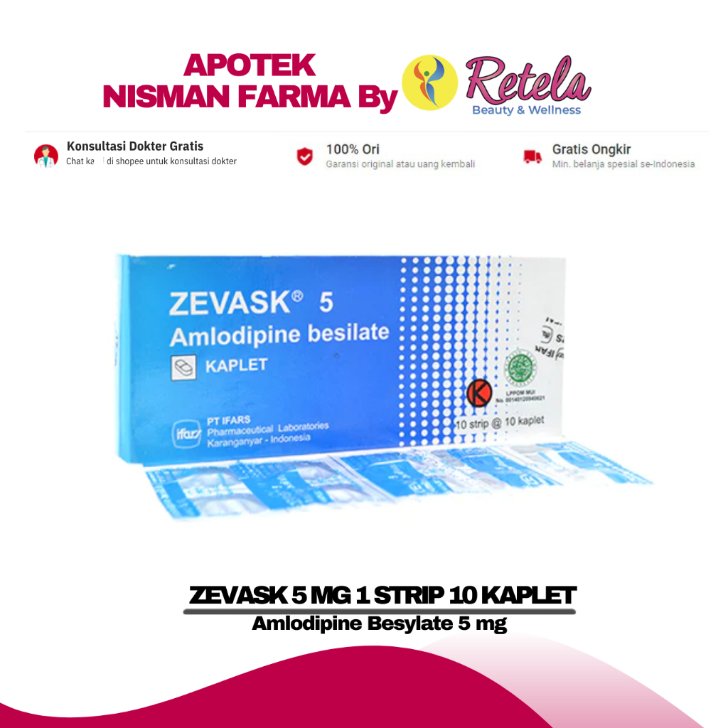 Jual ZEVASK 5MG 1 STRIP ISI 10 KAPLET ( AMLODIPINE BESYLATE 5 MG ...