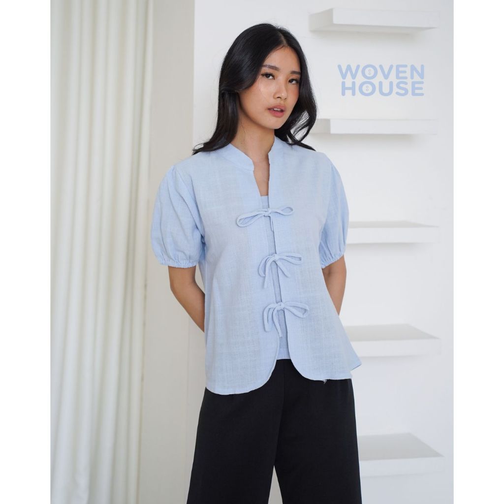 Jual Shani Top Ribbon Blouse Linen - Atasan Baju Wanita Baju Kantor ...