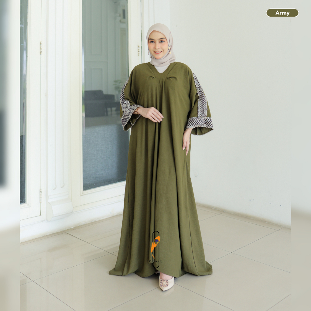 Jual Gamis Kaftan Mahira Army Hijau Bahan Crinkle Airflow Lembut Kaftan ...