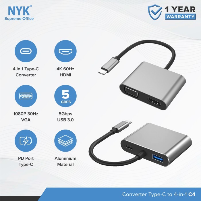 Jual NYK Converter C4 Type C 4 IN 1 USB Type C to 4K USB 3.0 HDTV VGA ...
