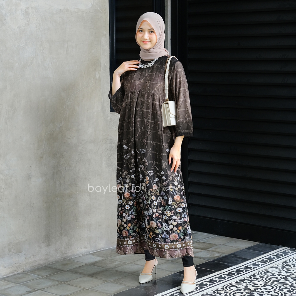 Jual Bayleaf.id Aster Harumi Maxi Dress Black Motif Bunga / Dress Gamis ...
