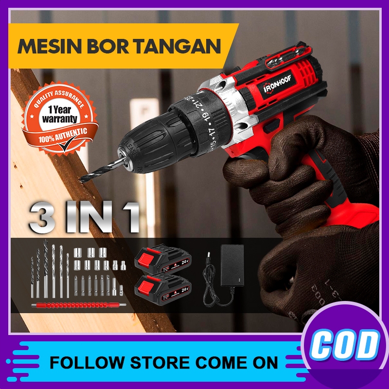 Jual IRONHOOF Mesin Bor Listrik Bor Baterai Bor Tanpa kabel 288V Set Lengkap | Shopee Indonesia