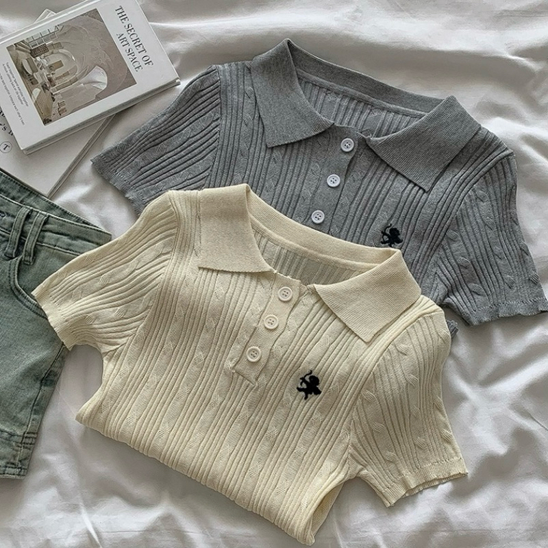 Jual Ins College Style Knitted Polo Short-sleeved T-shirt Sweater Slim Short Embroidered Top ...