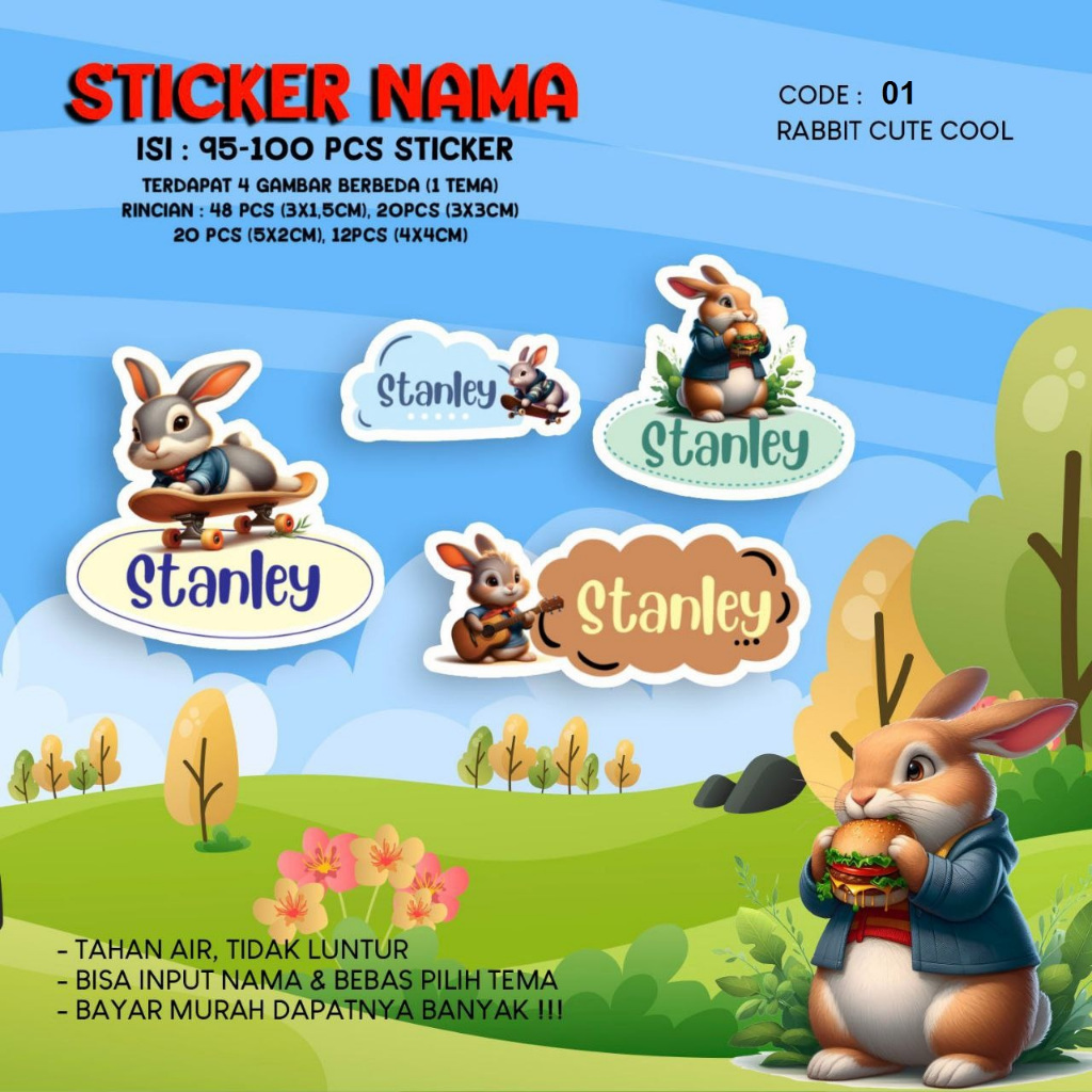 Jual Sticker / Stiker Label Nama Karakter Tema CUTE RABBIT / KELINCI ...