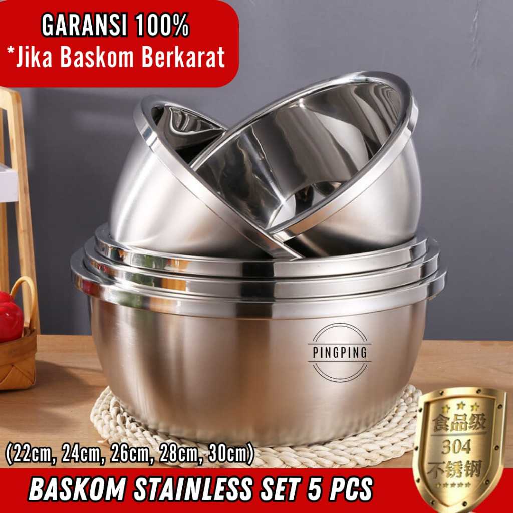Jual Baskom Set Stainless Tebal 5IN1 Wadah Cuci Beras Buah Sayur / Set ...