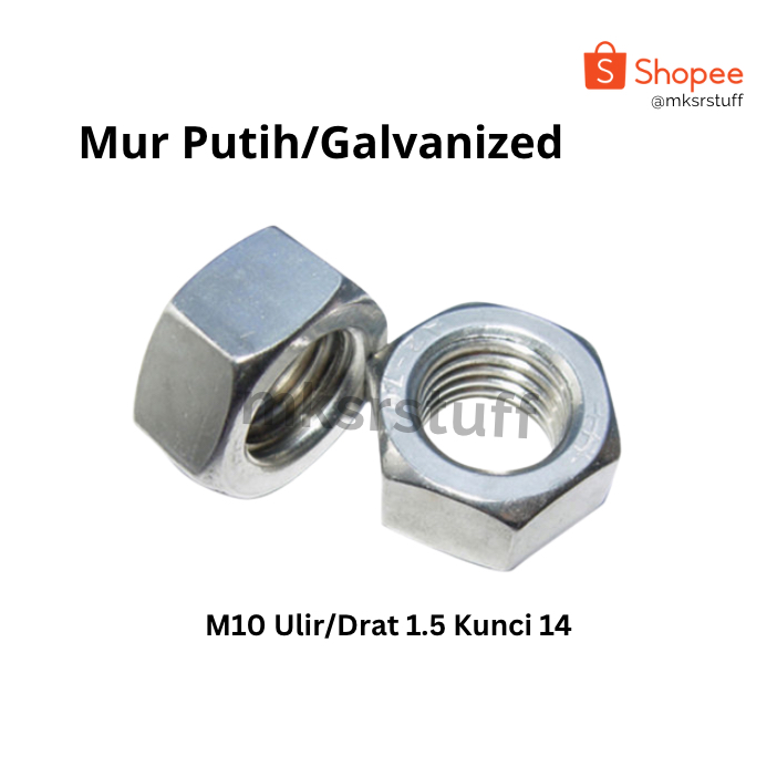 Jual (10 pcs) M10 Mur Putih / Galvanized - Ulir/Drat 1.5 Kunci 17 ...