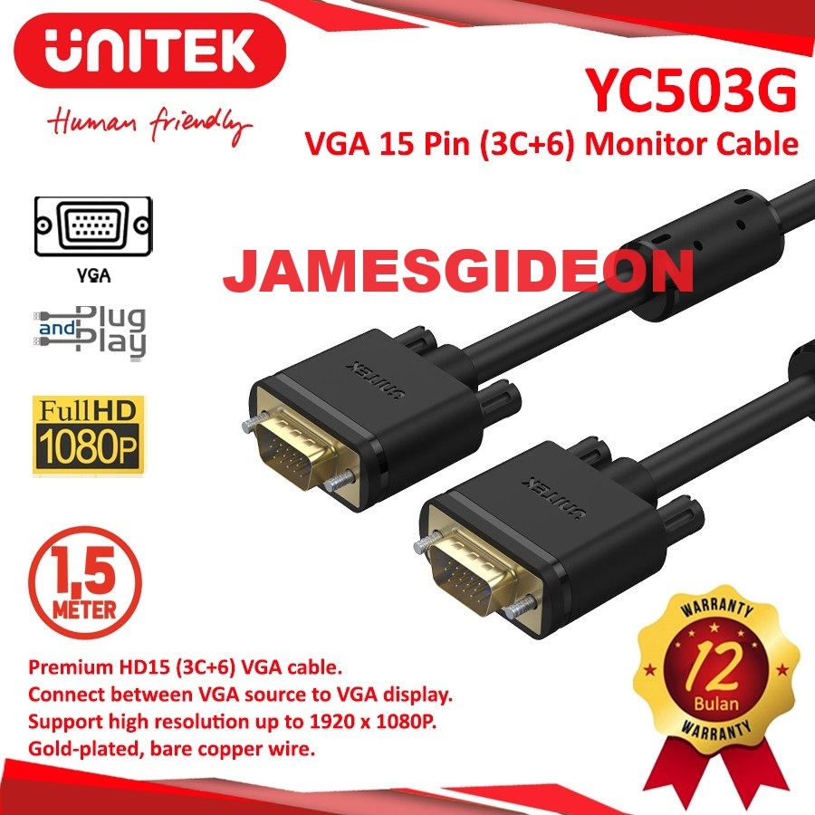 Jual Unitek YC503G Kabel VGA Gold Plated 1,5 Meter GARANSI RESMI 12 BULAN | Shopee Indonesia