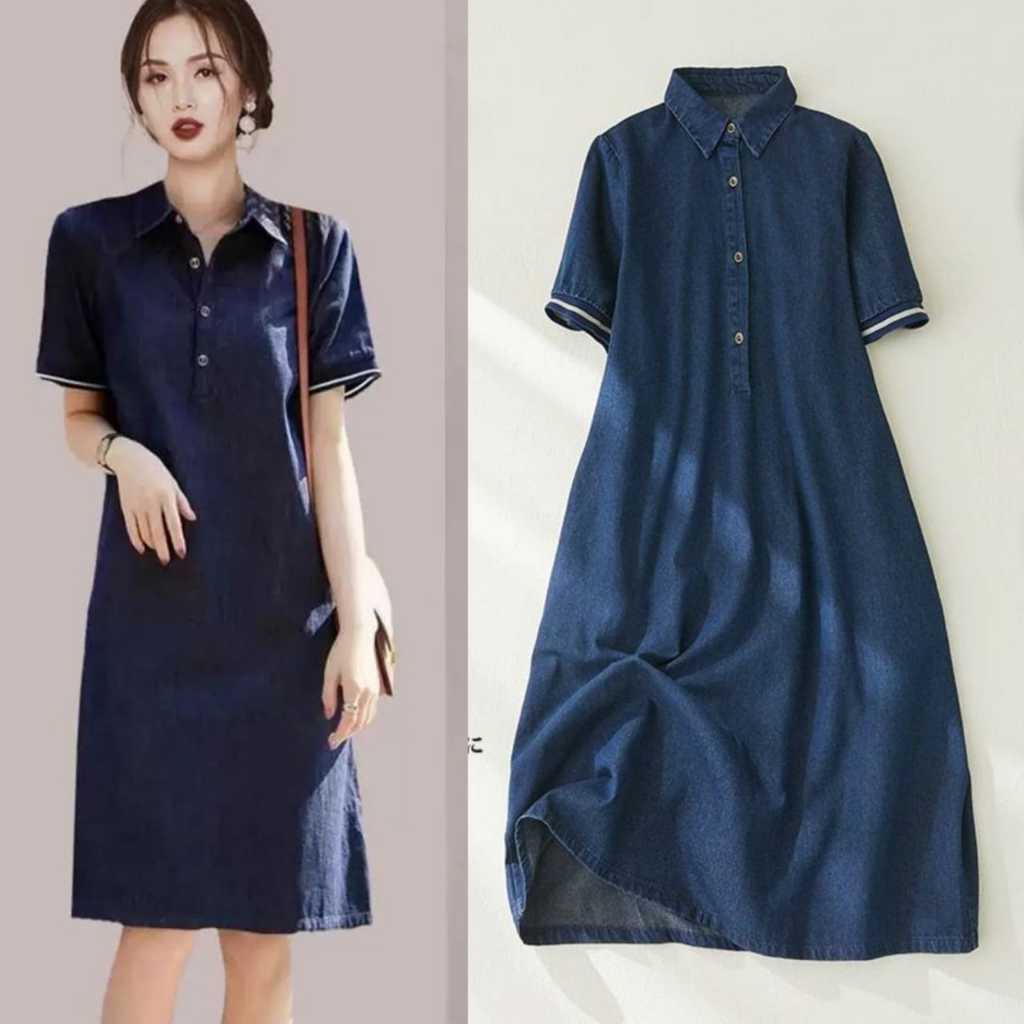 Jual NANDO LONG DRESS DENIM KERAH POLOO JEANS IMPORT UKURAN JUMBO ...