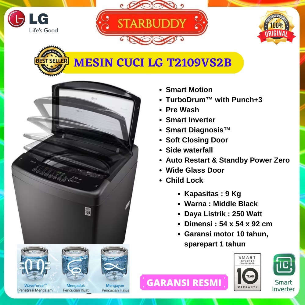Jual MESIN CUCI LG T2109VS2B, T2109, 2109 TOP LOADING SOFT CLOSING DOOR ...