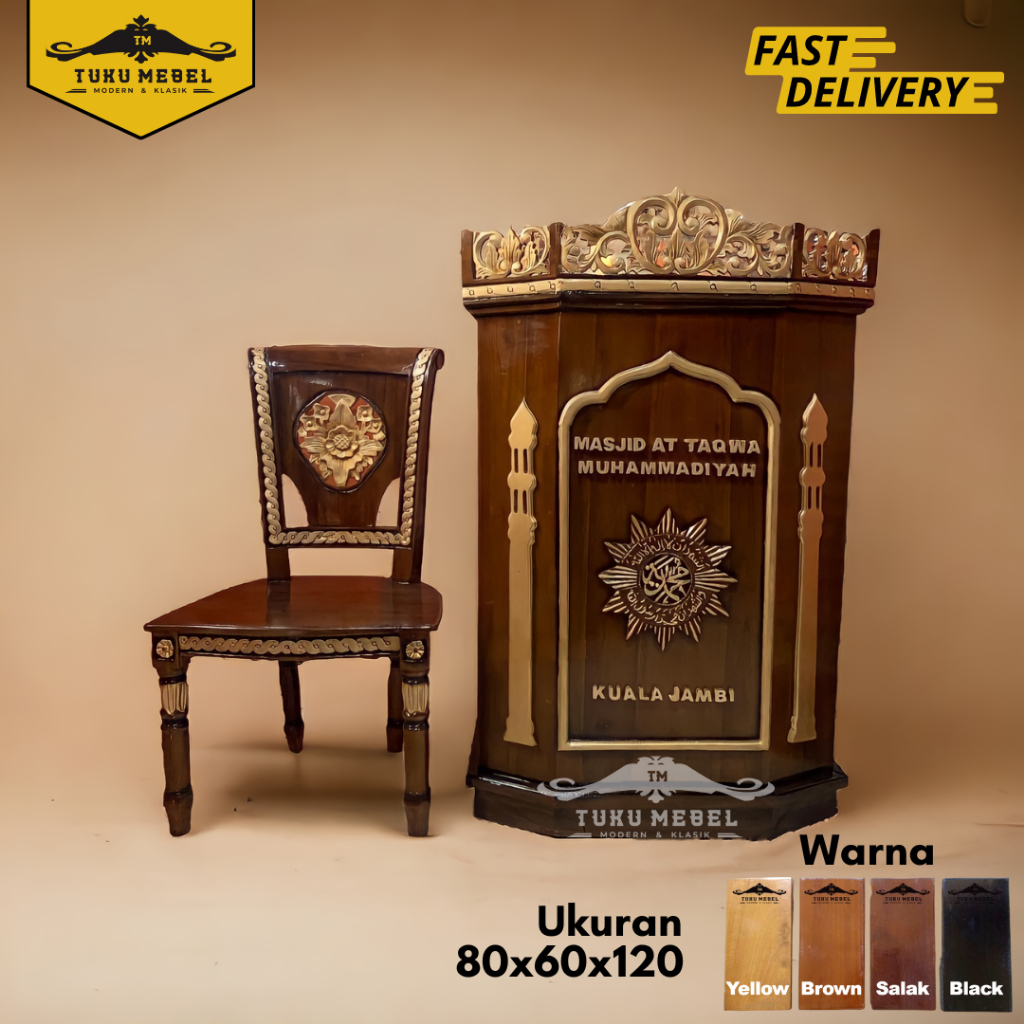 Jual Mimbar Majelis Natural Kayu Jati Ukiran Kaligrafi + Kursi Masjid ...