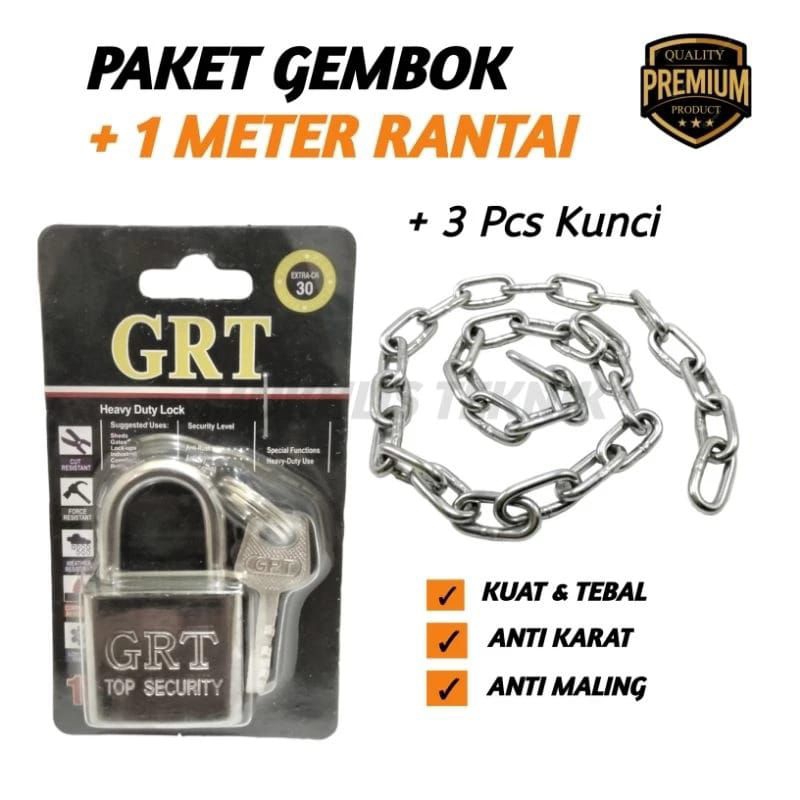 Jual PAKET MURAH Gembok 30mm GRT/SHISUKA + Rantai Kapal 1 Meter ukuran ...