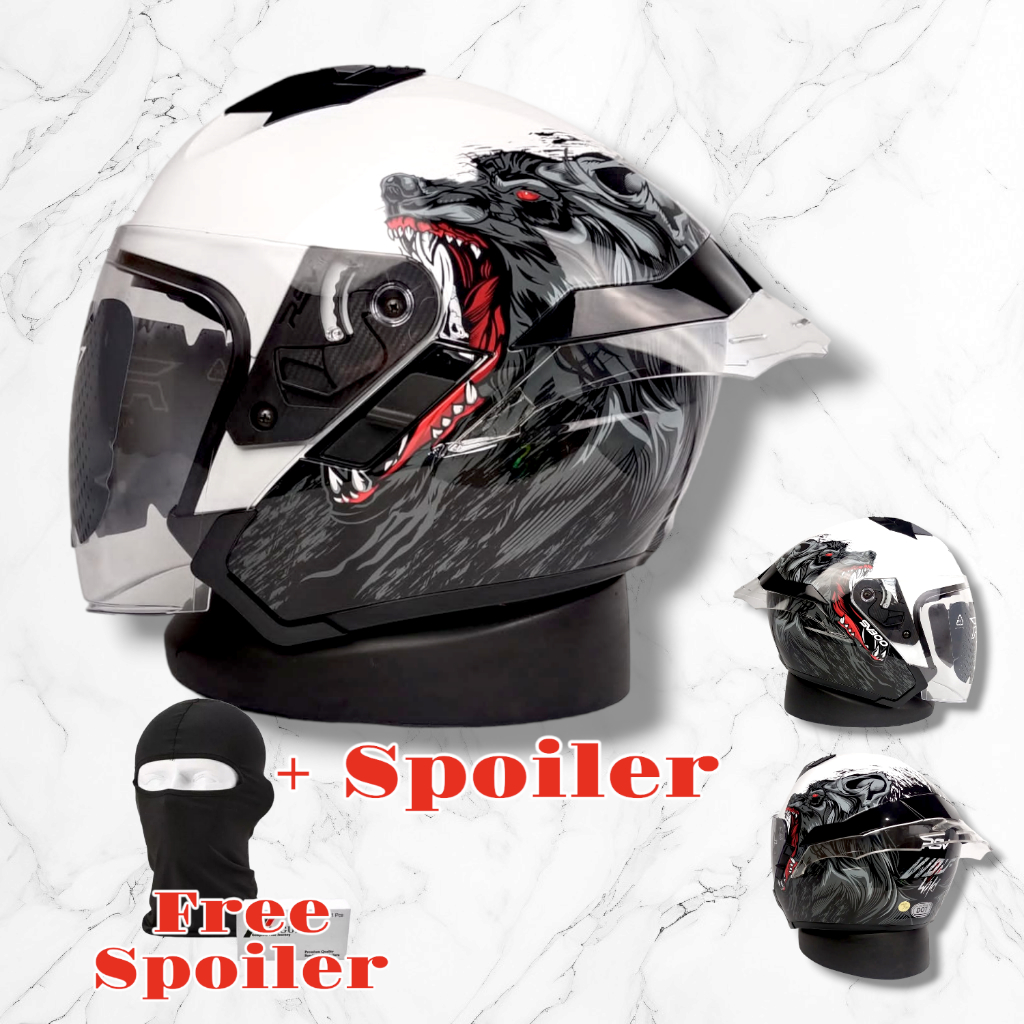 Jual RSV SV300 MOTIF WOLF / HELM RSV HALF FACE DOUBLE VISOR + SPOILER ...