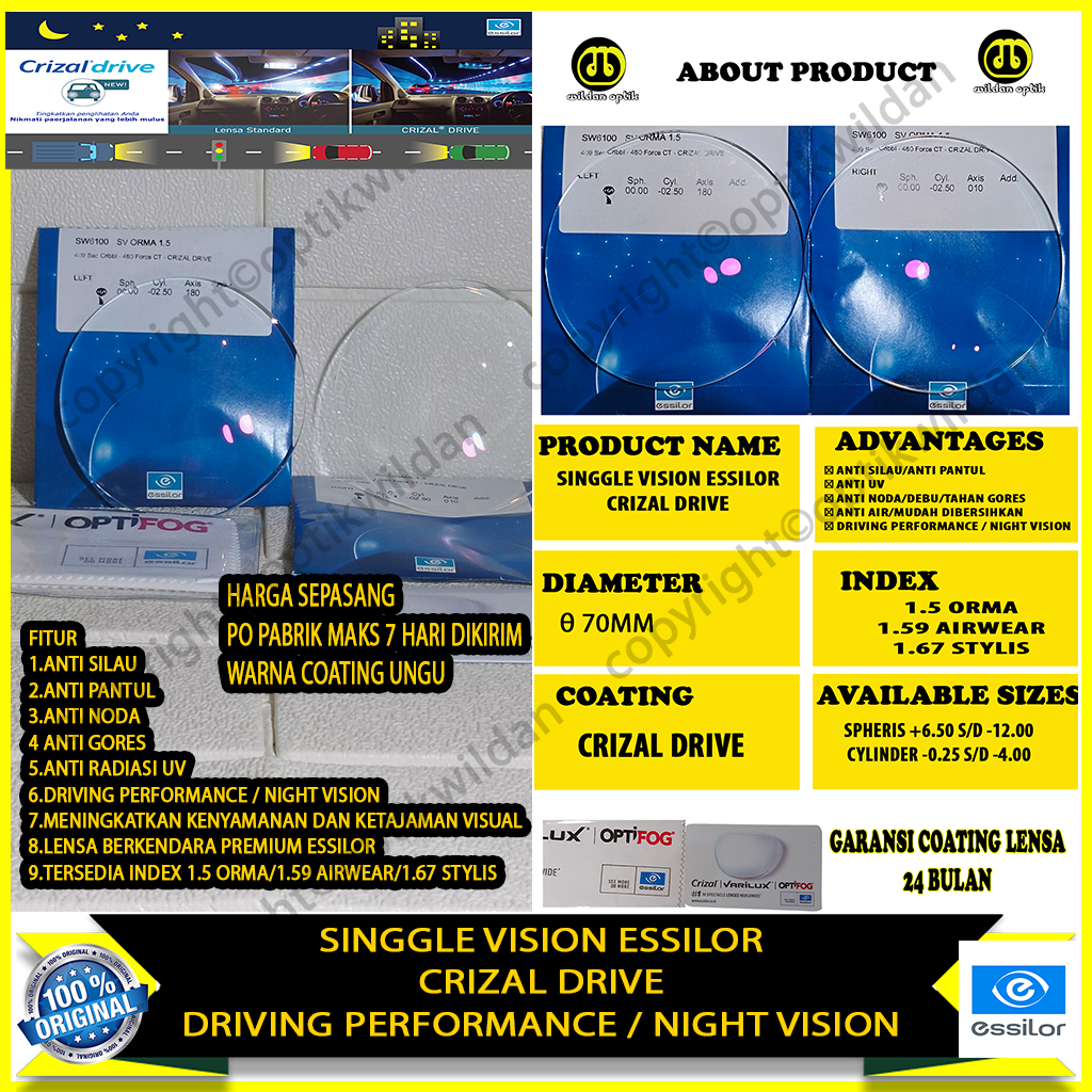 Jual ESSILOR NIGHT VISION SINGLE VISION GOSOK/PO PABRIK CRIZAL DRIVE ...