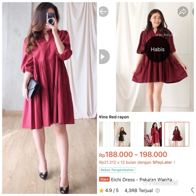 Jual eichi dress hebe the label hebethelabel terusan wanita perempuan remaja dewasa maroon merah ...