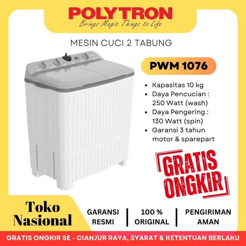 Jual [Cianjur] Mesin Cuci 2 Tabung POLYTRON 10 KG Twin Tub PWM 1076 ...