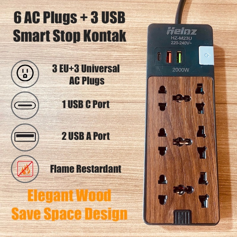 Jual Heinz Wood Power Strip Stop Kontak 6 Power Socket 3 USB Port Save ...