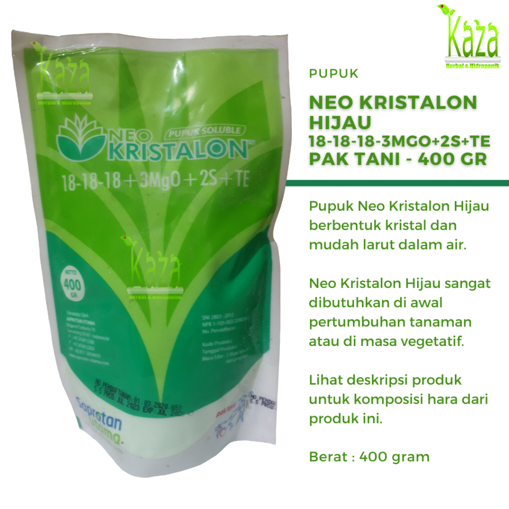 Jual Pupuk Neo Kristalon Hijau 400 gram 18-18-18-3MgO-2S-TE Pak Tani ...